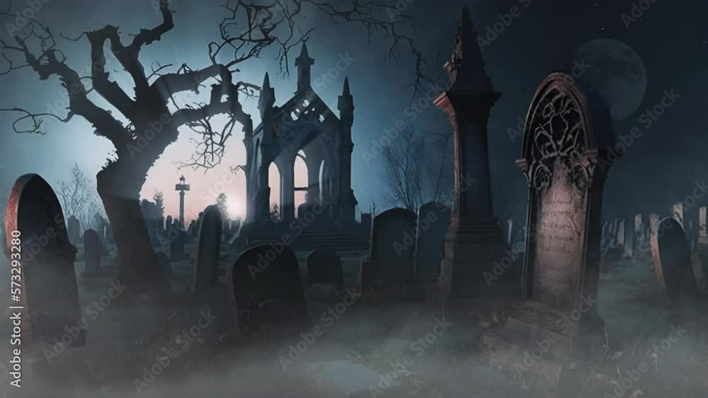 Dark Fantasy Cemetery at Dusk with Fog 4K features a stylized eerie ...