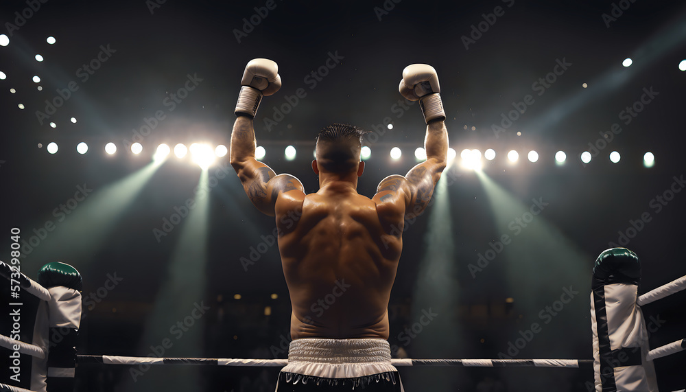 Champion professional boxer fight in ring match with spot lighting ...