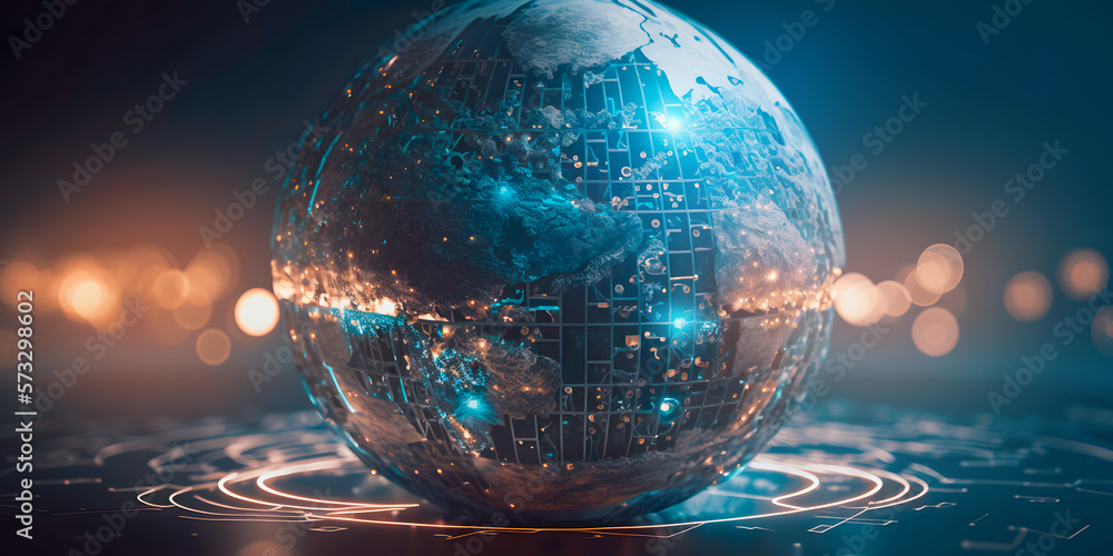 Global network of cyber Earth. Future planet communication. Blockchain ...