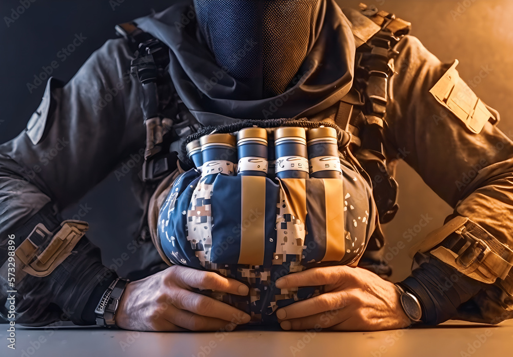 Terrorist man hides explosive bomb on his body. Generation AI Stock ...