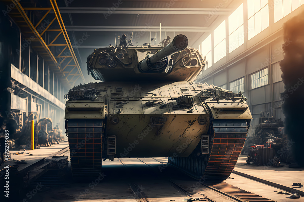 Military Factory weapon Battle tanks. Warehouse modern of army ...