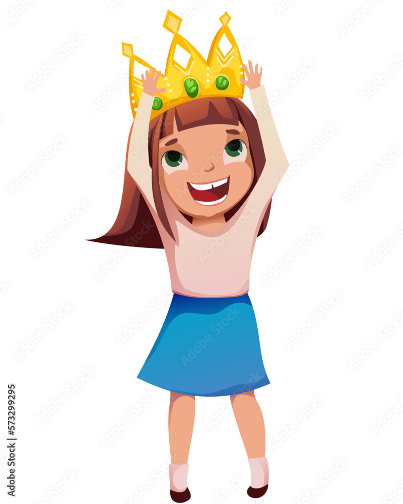 A cheerful girl in a blue skirt puts on a big crown. The playful smile ...