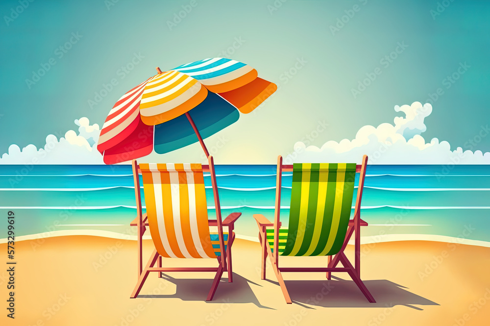 Liegestühle mit Sonnenschirm am Strand mit Meerblick Illustration ...