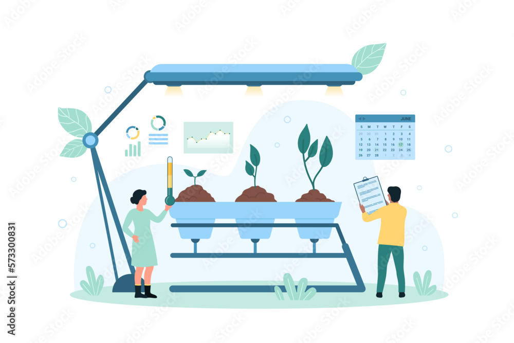 Growing plants in science laboratory vector illustration. Cartoon tiny ...