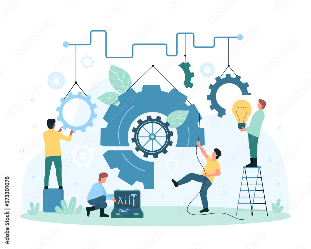Teamwork for business improvement vector illustration. Cartoon tiny ...