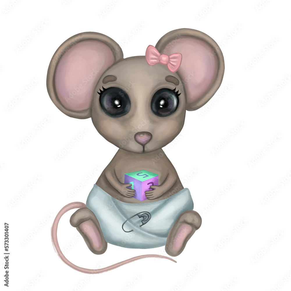 Cute mouse with cube toy illustration. Hand drawn watercolor ...