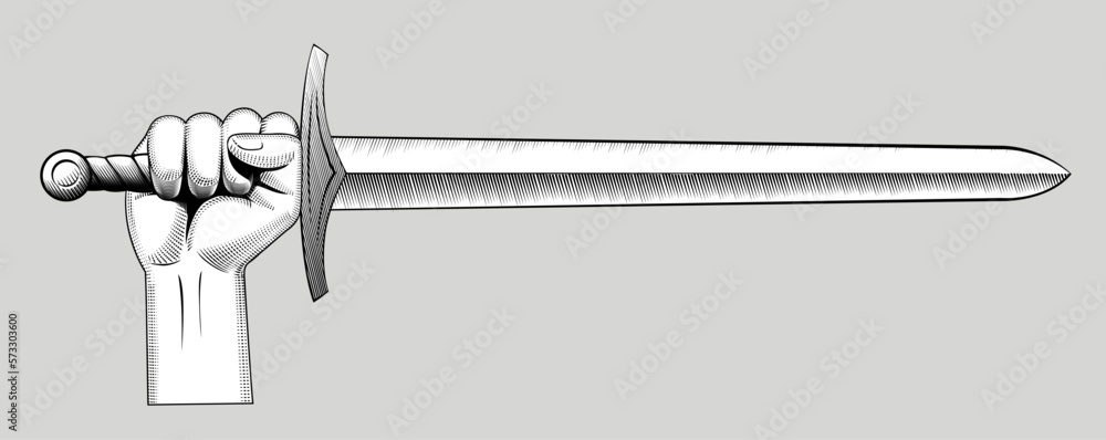 Hand holding a sword. Vintage engraving stylized drawing. Vector ...