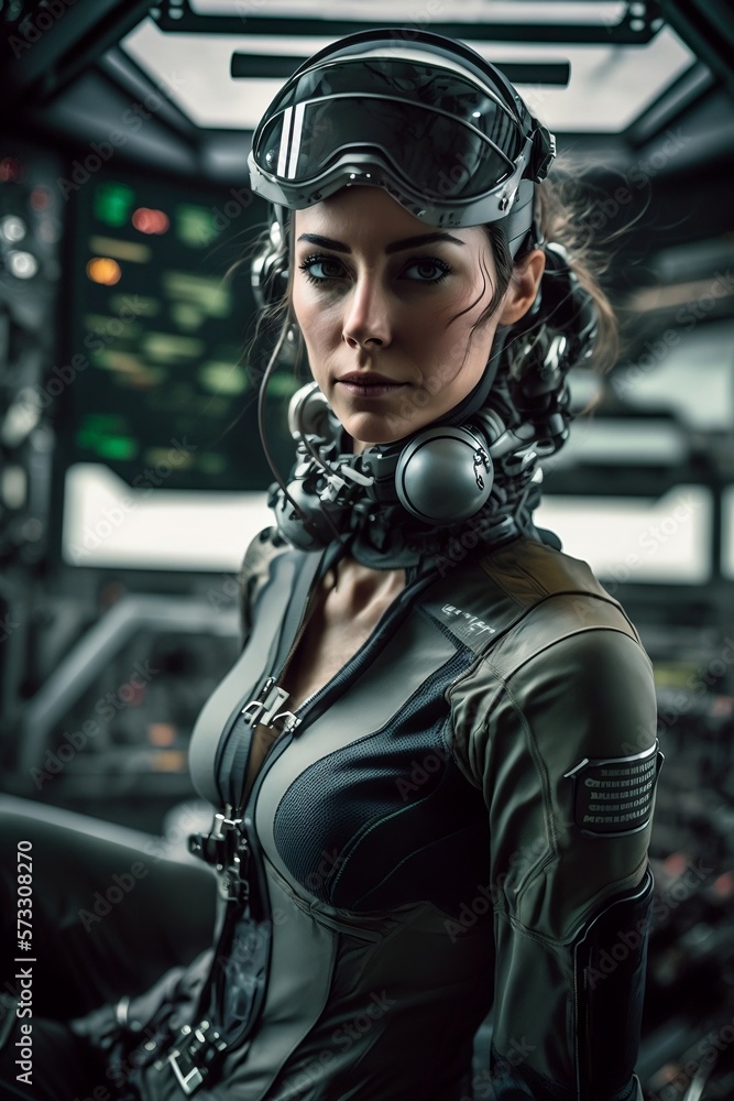 beautiful mech pilot, in a control seat for a mech inside a flight ...