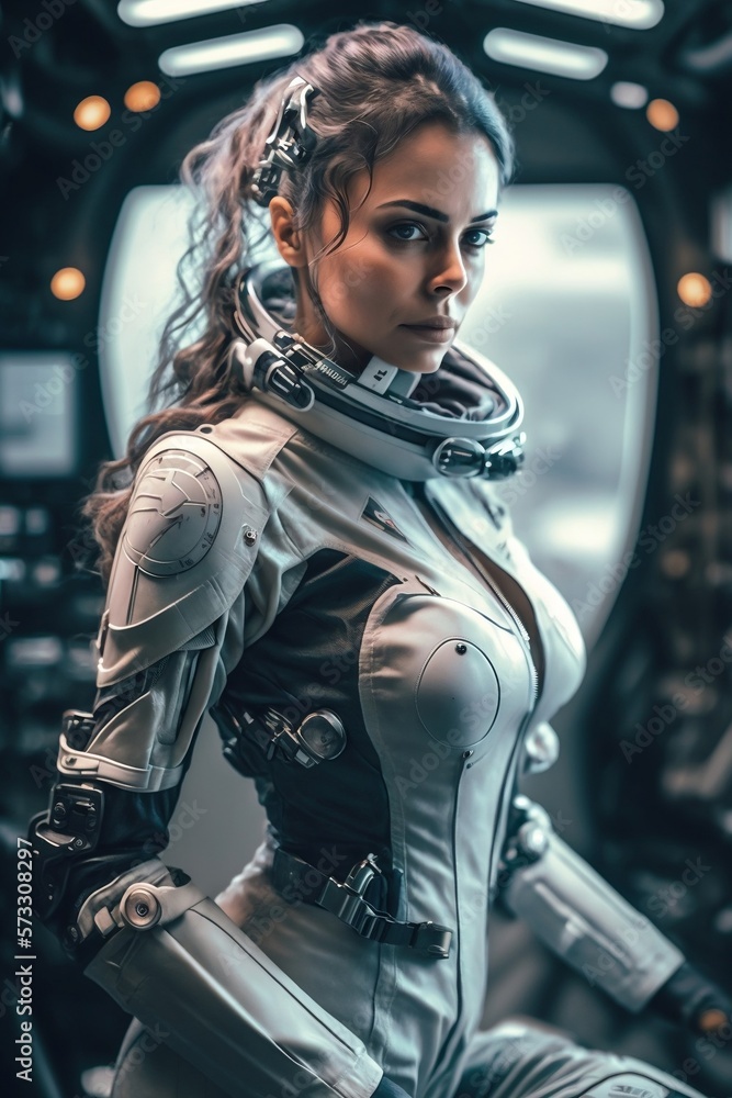 beautiful mech pilot, in a control seat for a mech inside a flight ...
