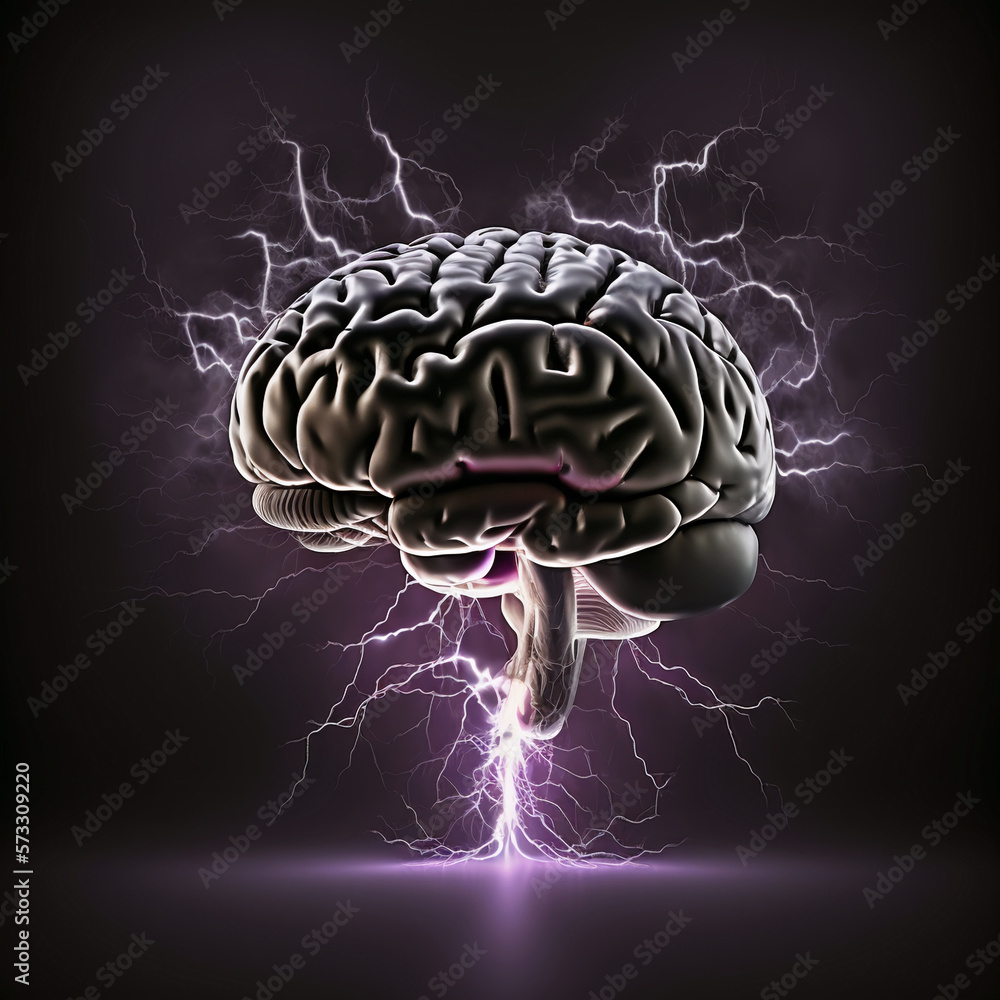 Human brain digital illustration. Electrical activity, flashes and ...