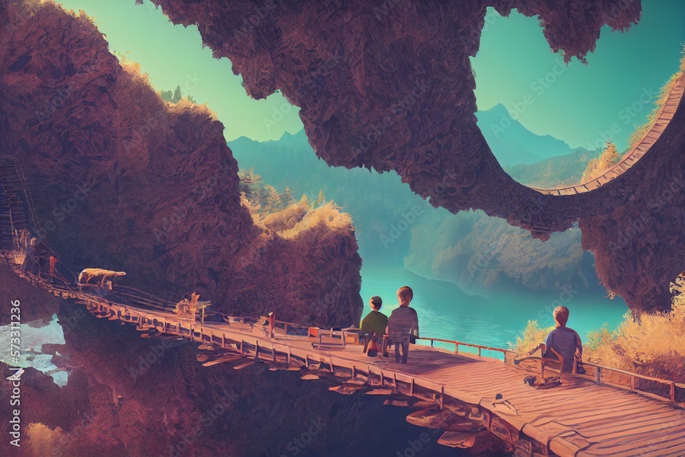 cartoon illustration, log bridge between mountains above rock ...