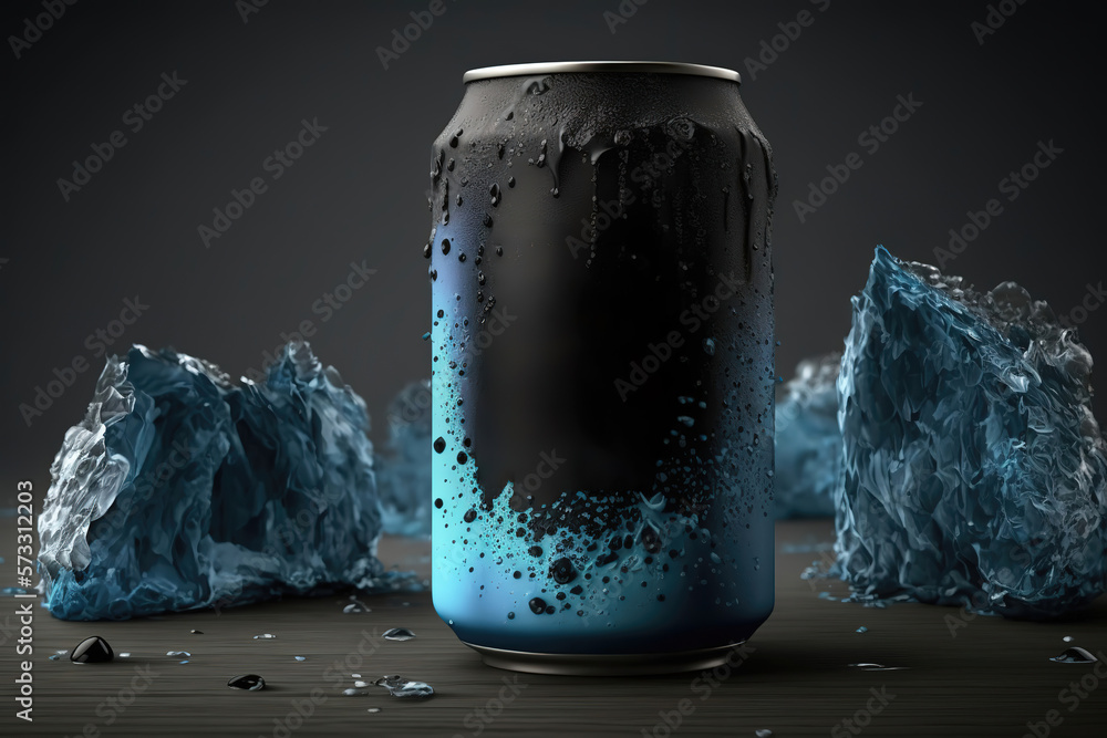metallic mockup of blank black and blue chilled iced cold can banner ...