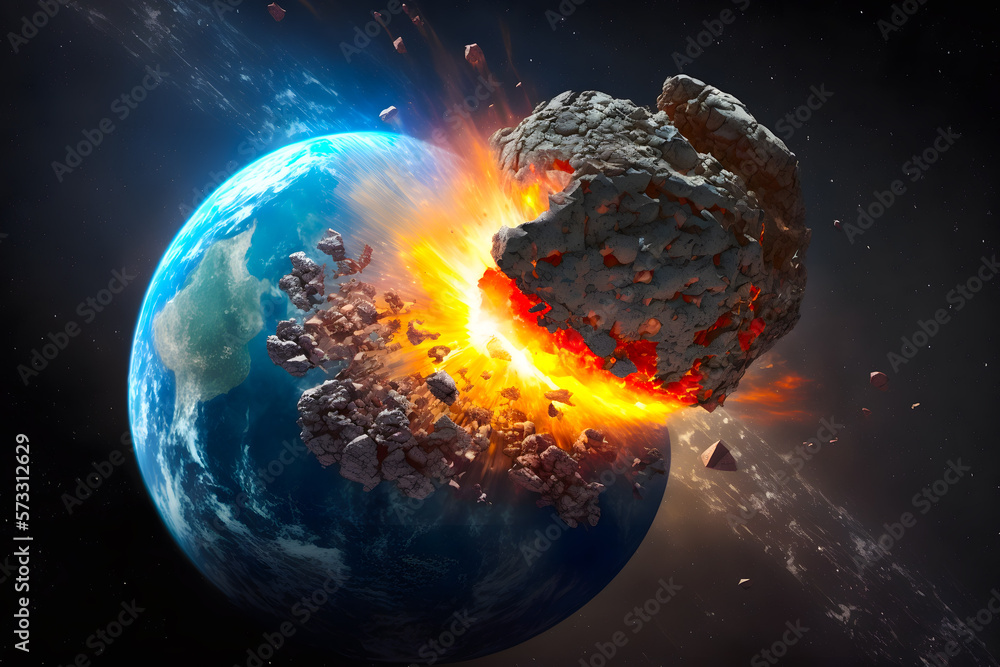 Asteroid impact, end of world, judgment day. Group of burning exploding ...
