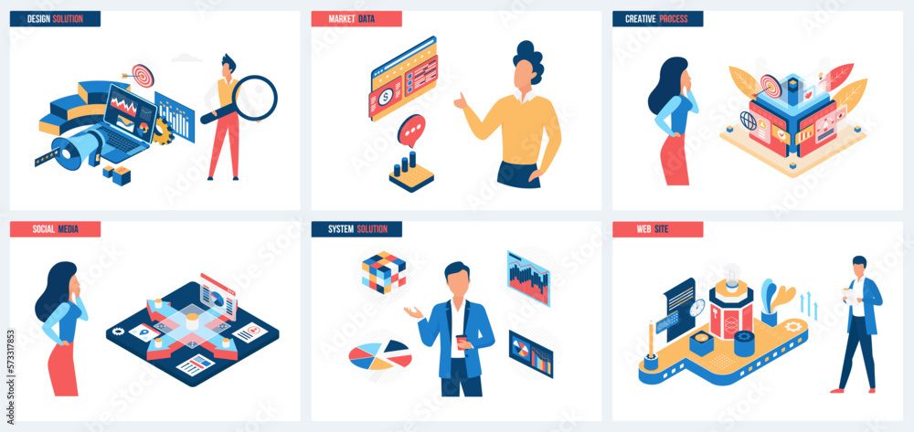 Social media marketing campaign, global process of website design set ...