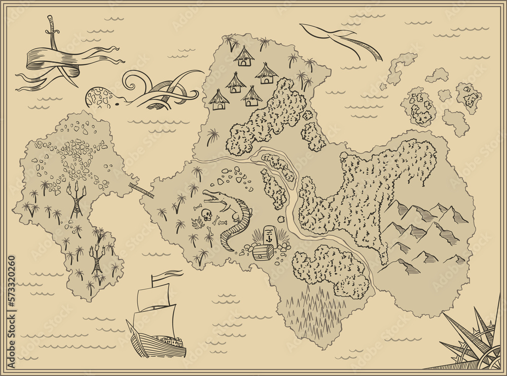 Cartoon island map template for next level game - adventures, treasure ...