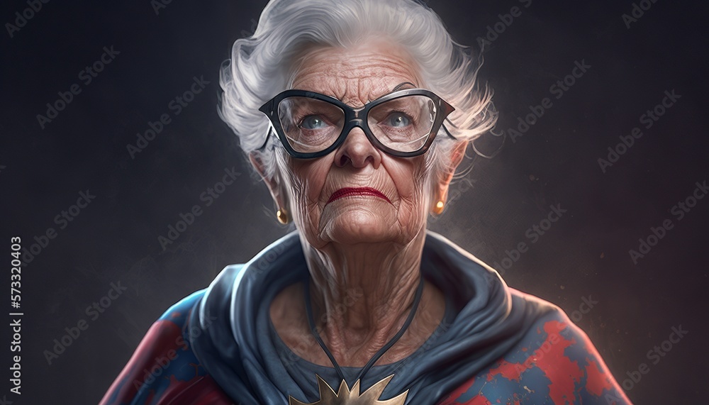 grandma dressed as a superhero, dressed in heroine clothes. concept of ...