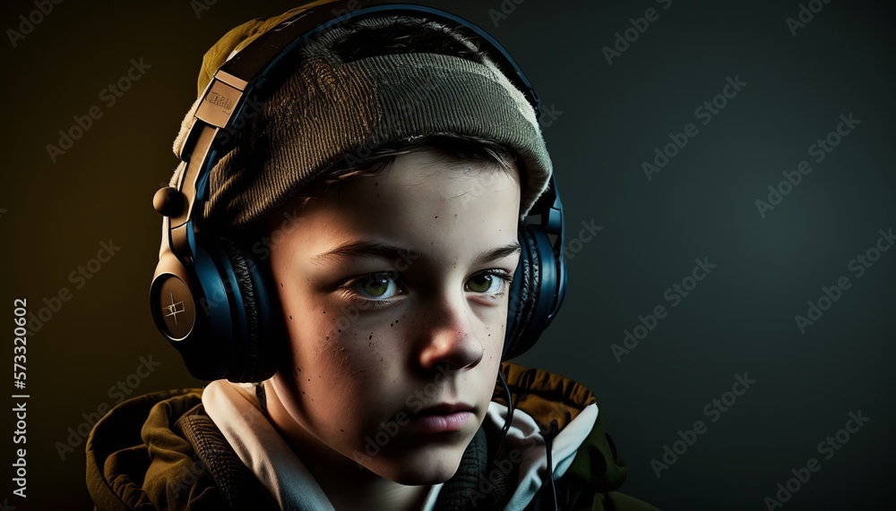 frontal view of a gamer boy or teenager using a headset playing ...