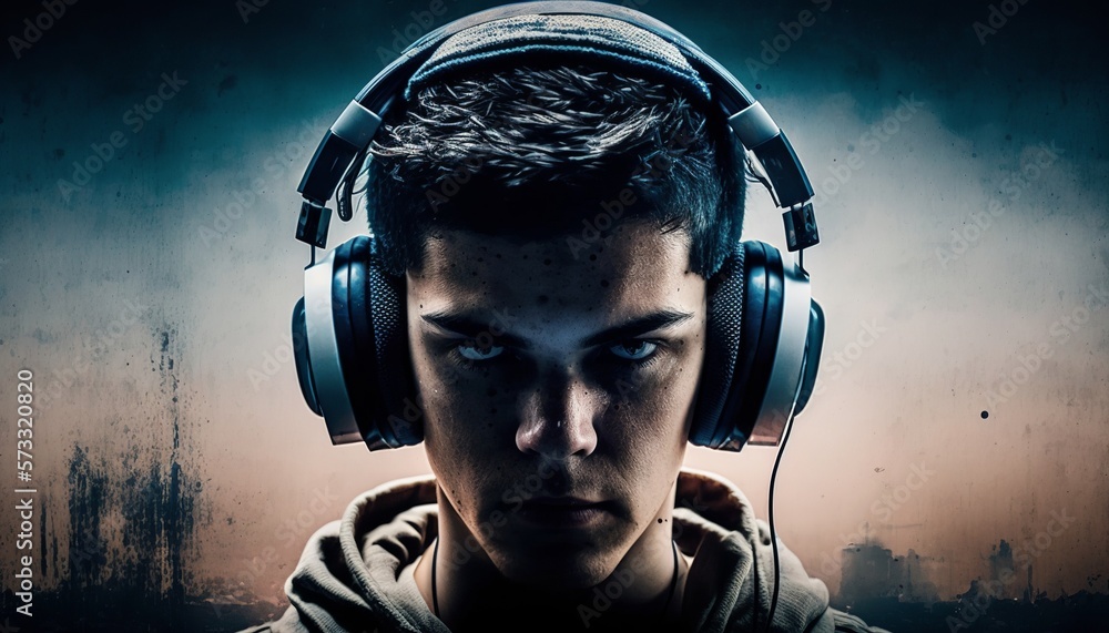 frontal view of a gamer boy or teenager using a headset playing ...