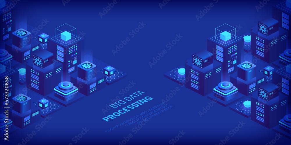 Vector isometric server room. Quantum computer. Cloud storage data ...