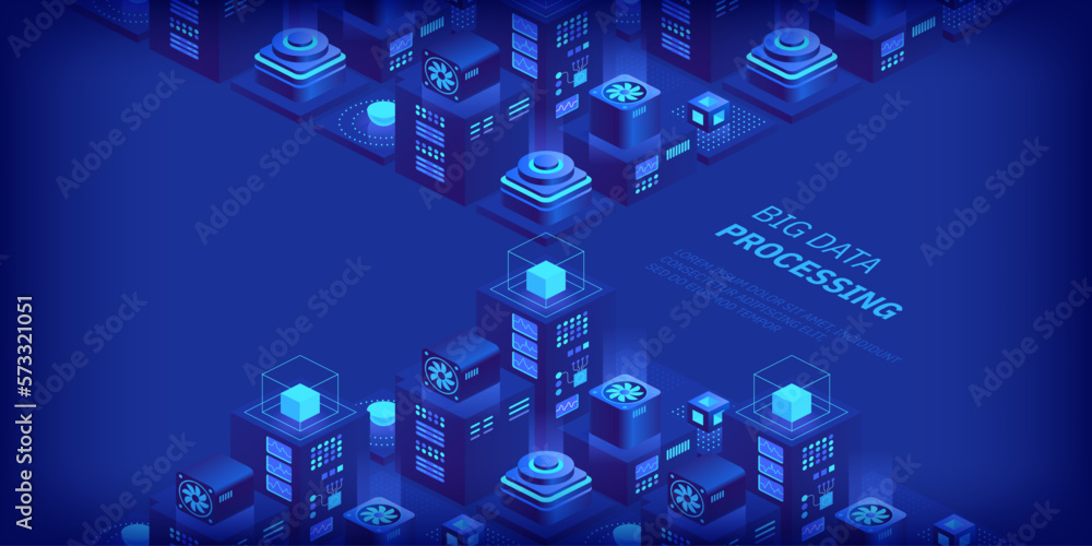 Vector isometric server room. Quantum computer. Cloud storage data center. Web hosting. Big data ...