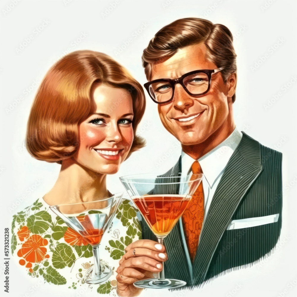 Vintage retro illustration of a husband and wife toasting each other ...