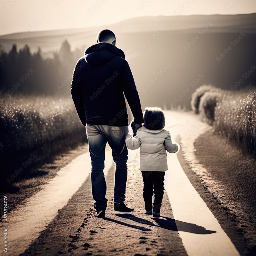 father walking with his daughter holding hands, love, family, path ...