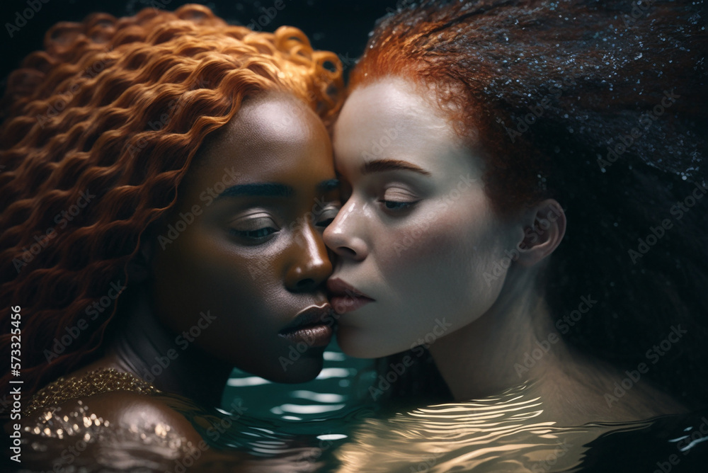 gorgeous redhead woman and black woman hugging and kissing alluringly, frisky, flirtatious in ...