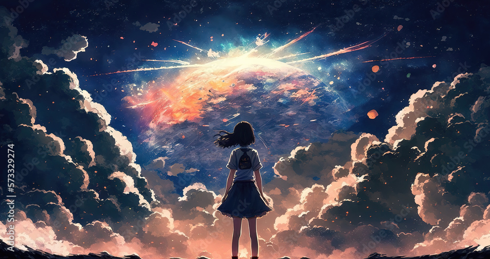 a galaxy illustration with an explosion effect, anime girl standing ...