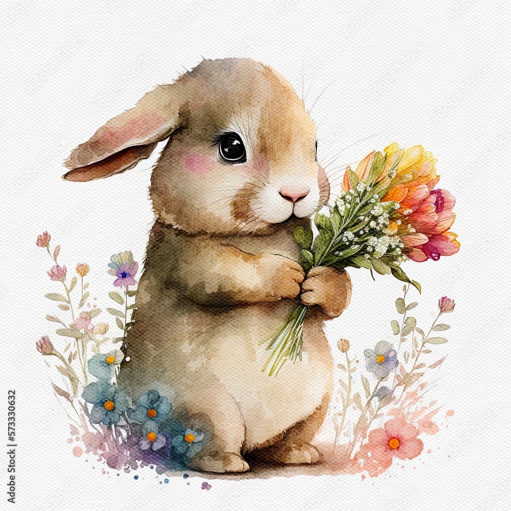 Watercolor cute bunny hold flower. Delicate spring illustration ...