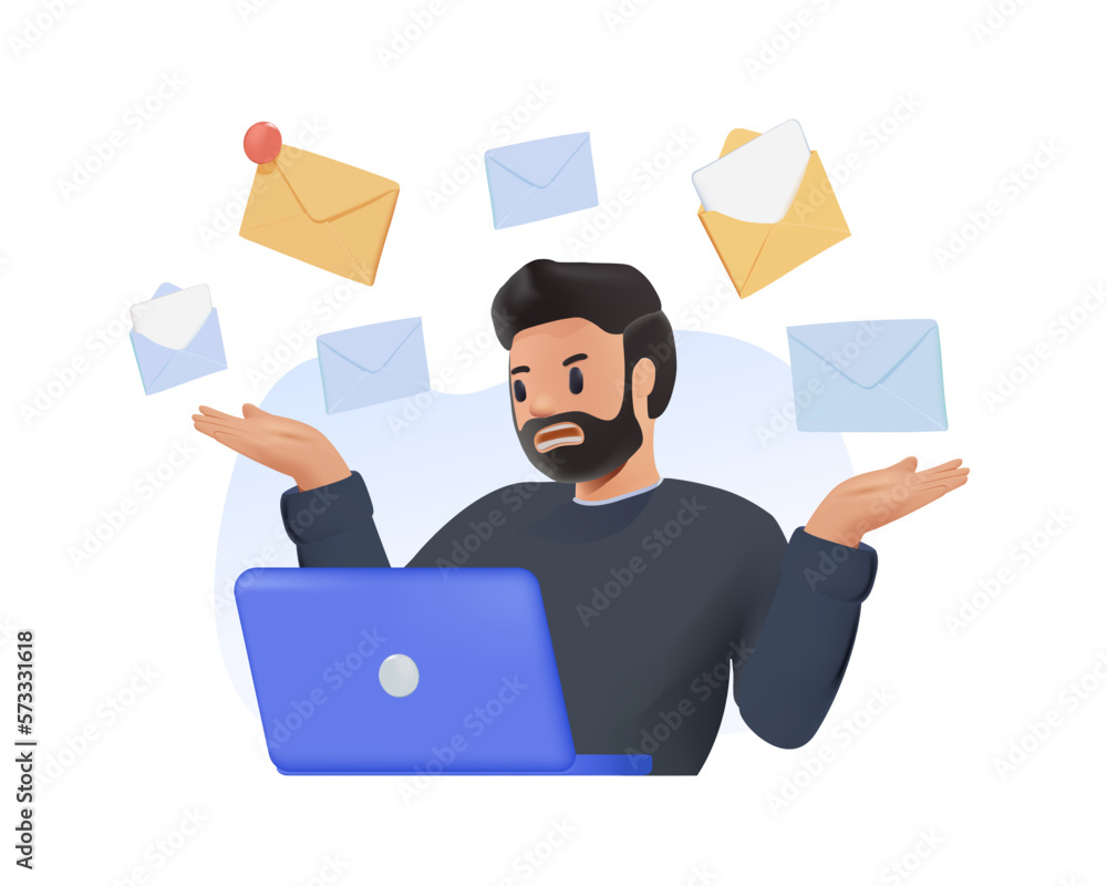 Spam isolated 3D cartoon vector illustrations. Confused man getting ...