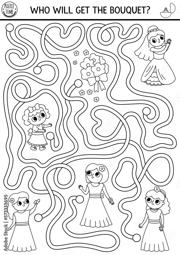 Wedding black and white maze for kids with bride, flower bouquets and ...