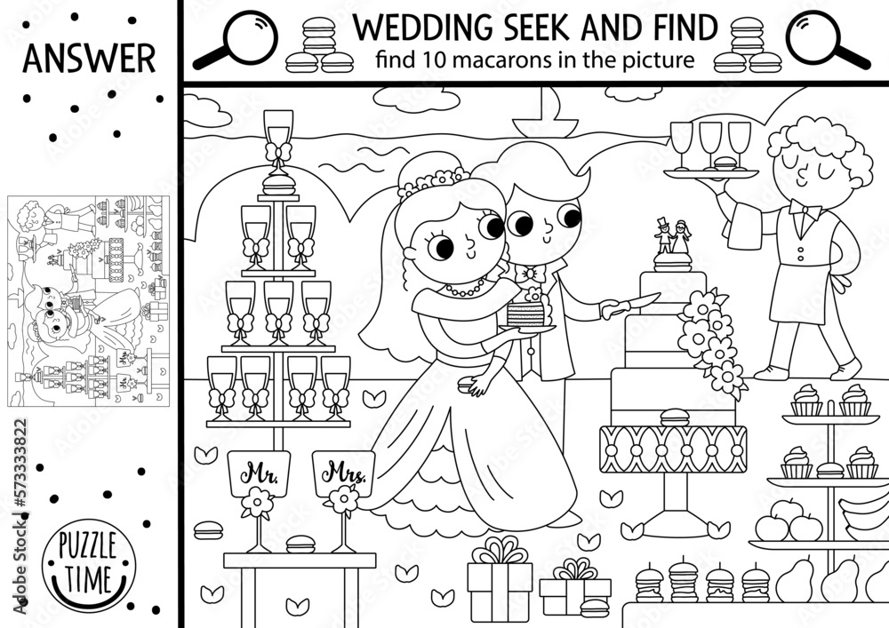 Vector black and white wedding searching game with marriage ceremony ...