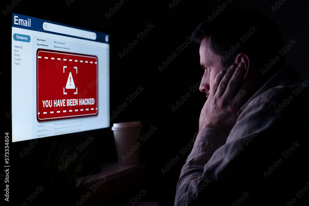 System hacked alert after cyberattack on computer network. Compromised ...