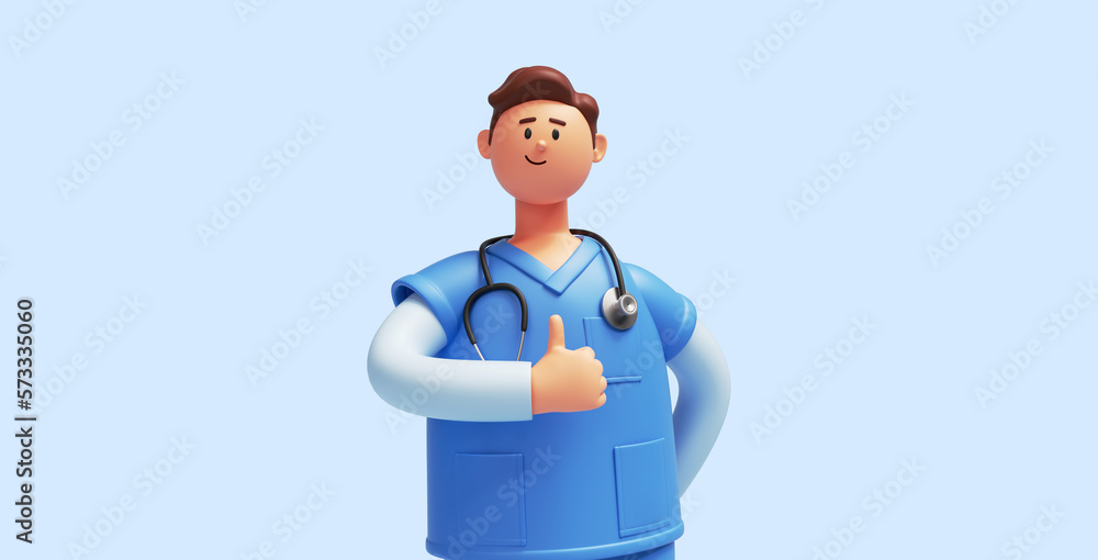 3d render, caucasian young man, cartoon character nurse wears blue ...