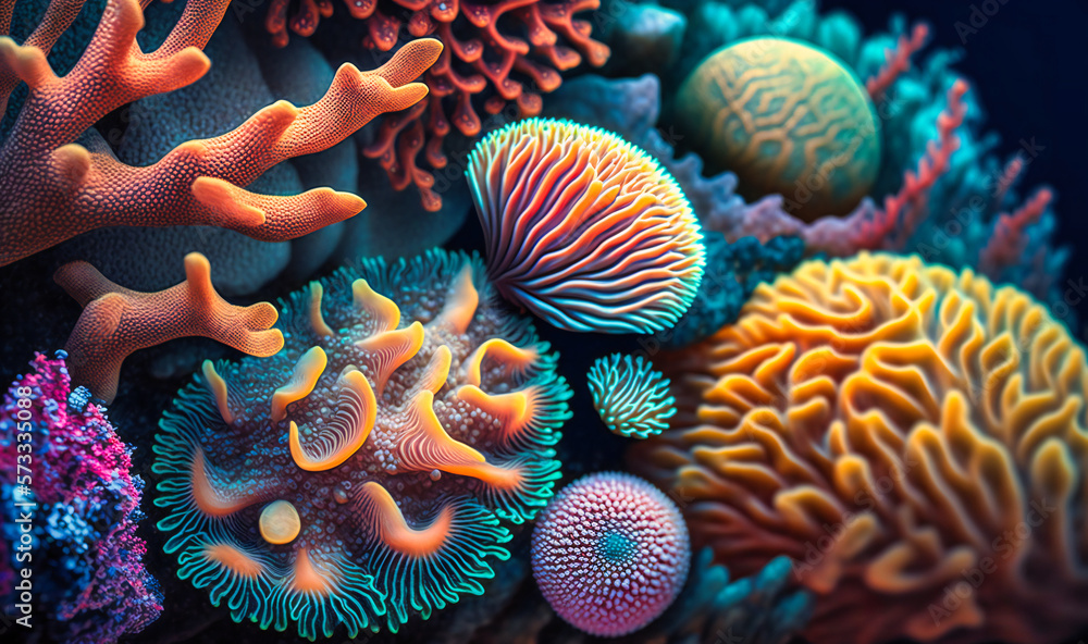 The vibrant colors and textures of a coral reef, highlighting the ...