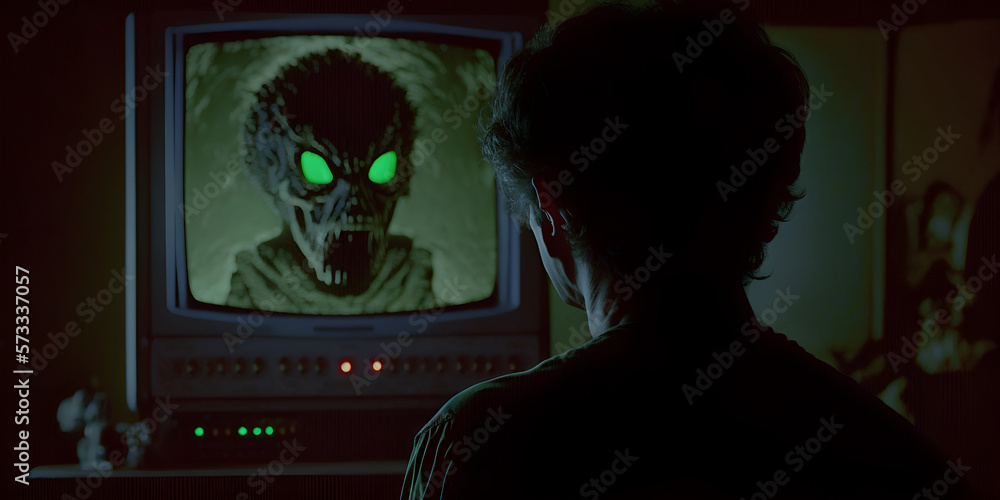 vintage scene of a person from behind watching a fantasy horror movie ...