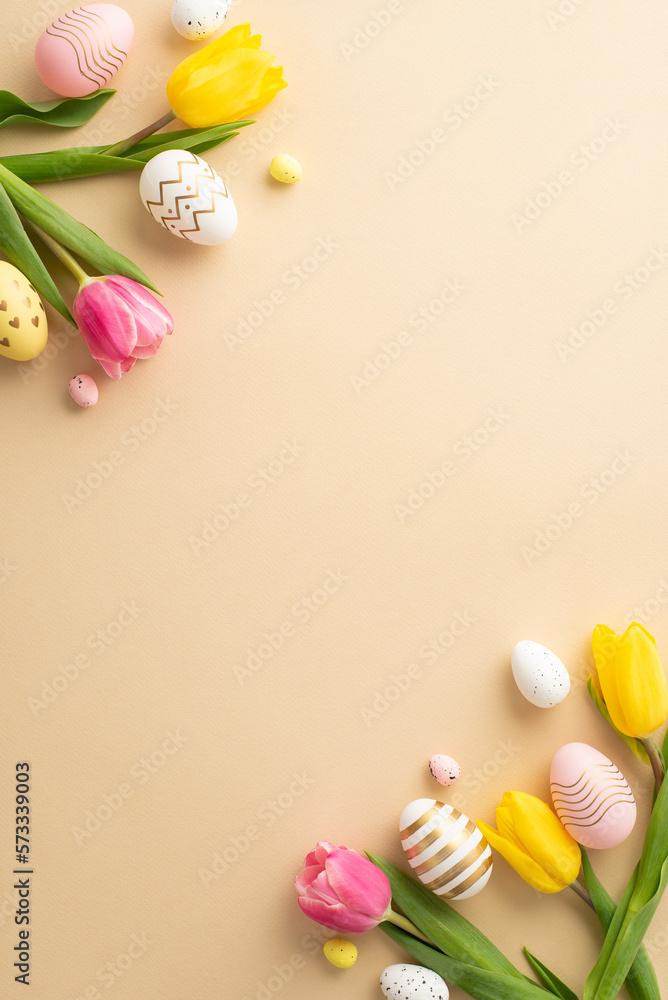 Easter decorations concept. Top view vertical photo of colorful easter ...