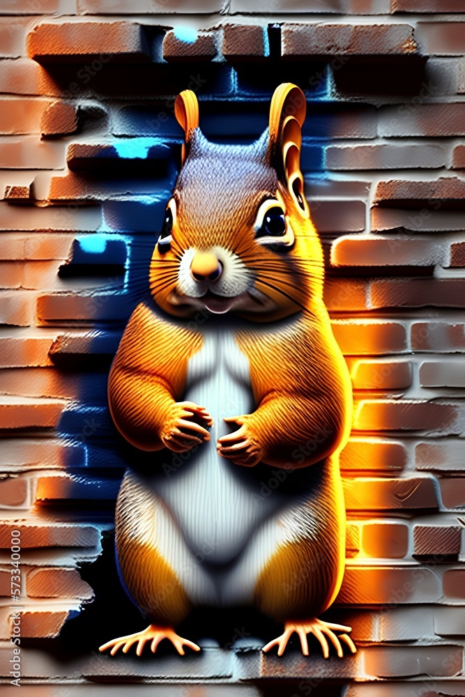 Cute character 3d image of hooded chubby squirrel on brick wall of city ...