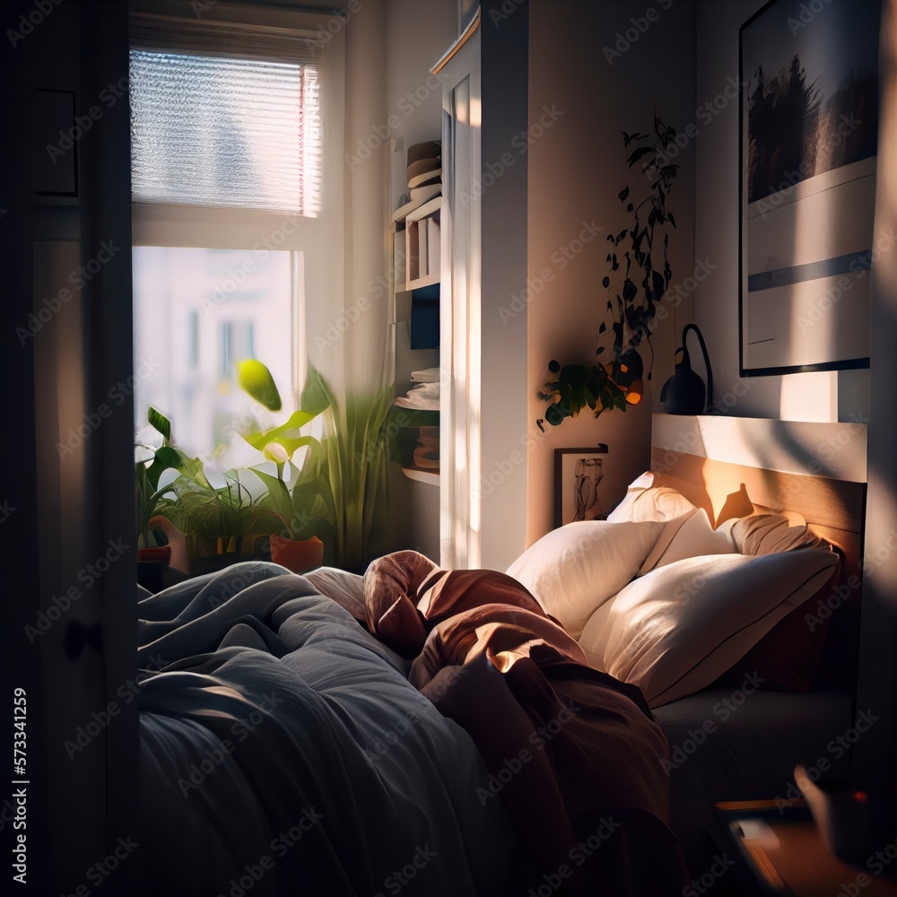 Modern bedroom interior, simple minimalist luxury bed, small room ...