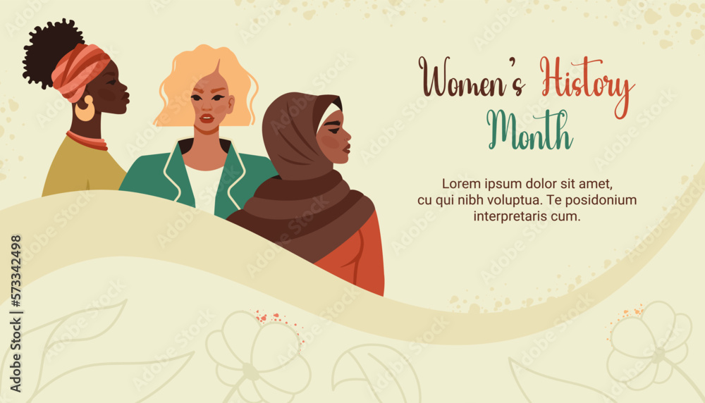Women's history month. Horizontal banner. Young womens of different ...