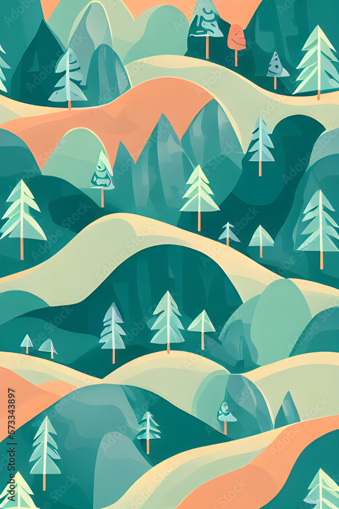 flat 2d style illustration of cozy mountain ranges created with flat ...