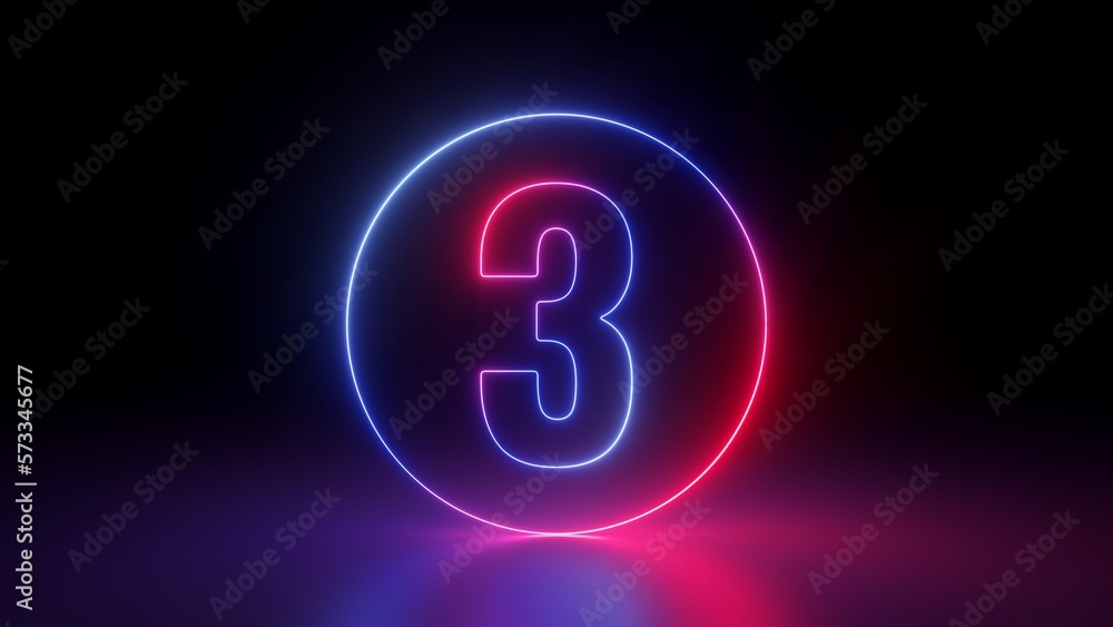 3d render, red blue neon number three inside the linear round frame ...