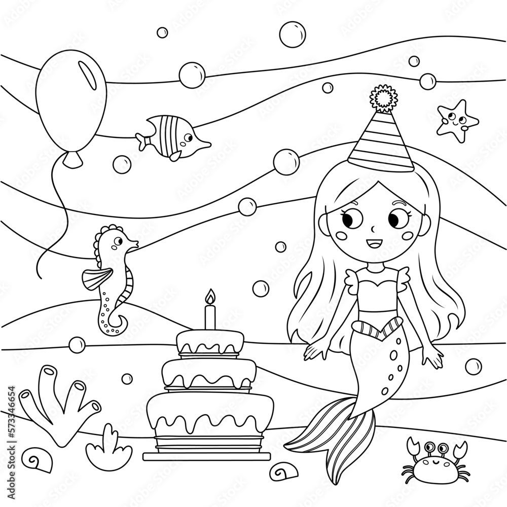 Birthday coloring page with cute mermaid, fish, starfish, crab and ...