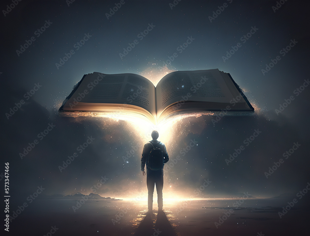 A man standing in front of flying bible - represents a symbol of hope ...