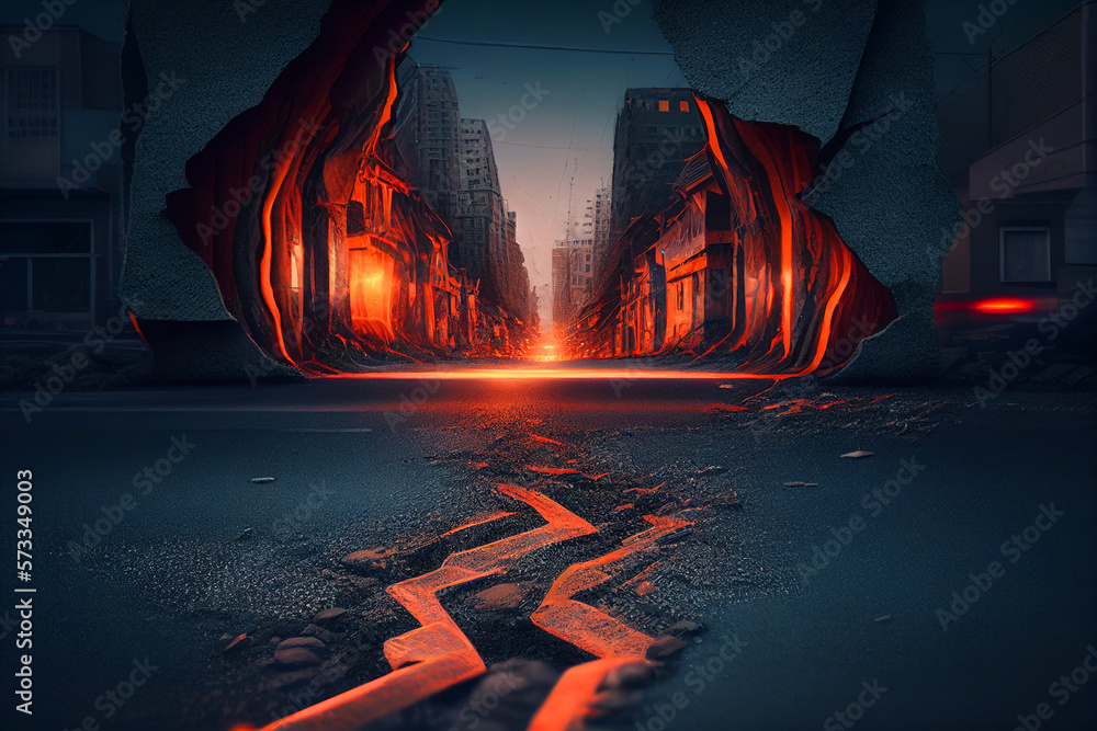 Earthquake in city. Quakes damage road. Buildings Destruction during ...