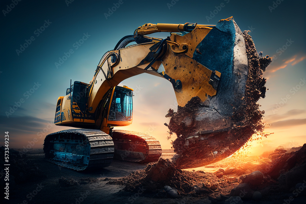 Building demolition work. Excavator on construction site. Futuristic ...
