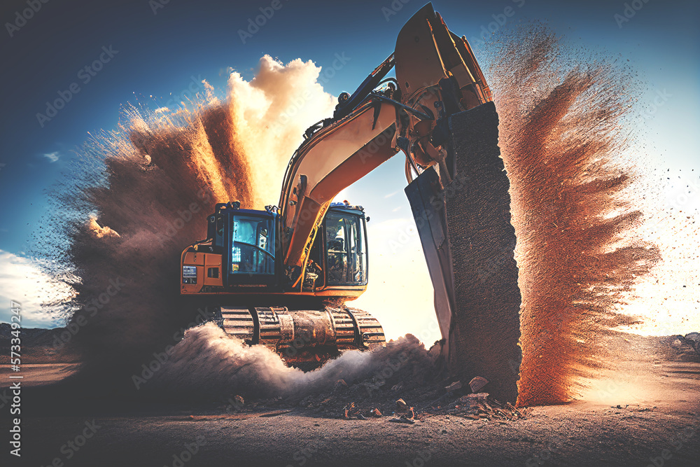 Building demolition work. Excavator on construction site. Futuristic ...