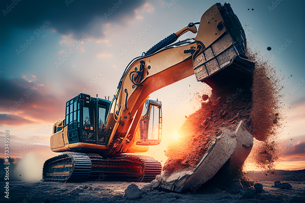 Building demolition work. Excavator on construction site. Futuristic ...