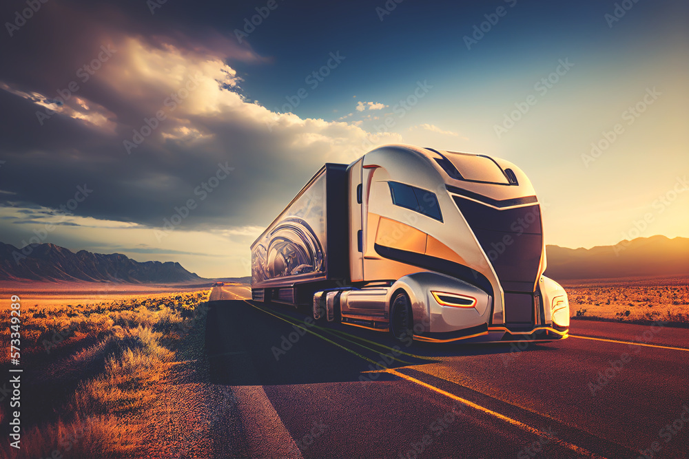 Electric semi truck. EV Truck with Semi-trailer on highway. EV Semi ...