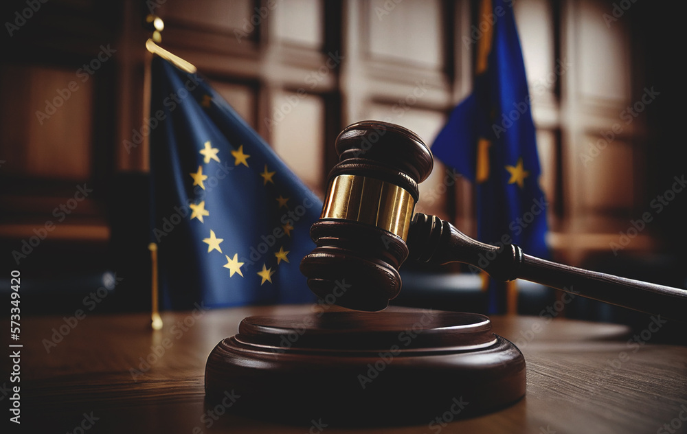 Court of Justice of European Union, EU. European flag in courtroom ...